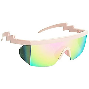 ShadyVEU Semi Rimless Neon Rainbow Sunglasses Mirrored Lens UV Protection 80s Retro Rave Shades Crooked ZigZag Bolt Arm (Light Pink Frame/Pink Lens)