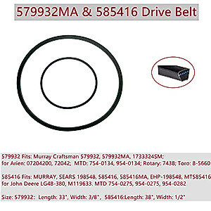 579932MA & 585416 Drive Belt Replaces for Murray MTD Craftsman 585416MA 585416 579932 420673 Snow Blower