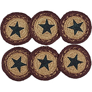 VHC Brands Potomac Star Textured Jute Primitive Tabletop Kitchen Stenciled Round Coaster Set of 6, Natural Tan