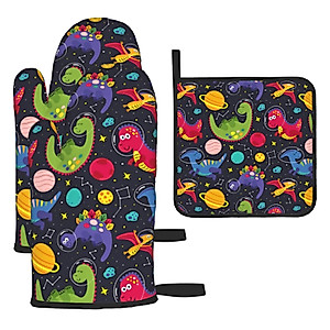 Cute Dinosaur in Space Oven Mitts and Pot Holders Heat Resistant Anti Scald for Kitchen Cooking Baking Grilling Sets of 3