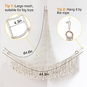 64.6" x 64.6" x 44.9" Boho Stuffed Animal Toy Corner Hammock- Large Size Macrame Toy Hammock with 3pcs Non-Trace Nails Hanging Toy Organizer Storage Net for Kids Bedroom Nursery Play Room
