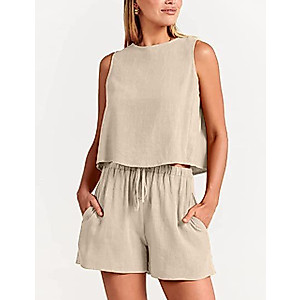 PUWEI Womens Summer Linen 2 Piece Sets Lounge Outfits Crop Tank Top High Waist Shorts Matching Sets Romper (2870-Apricot-XL)