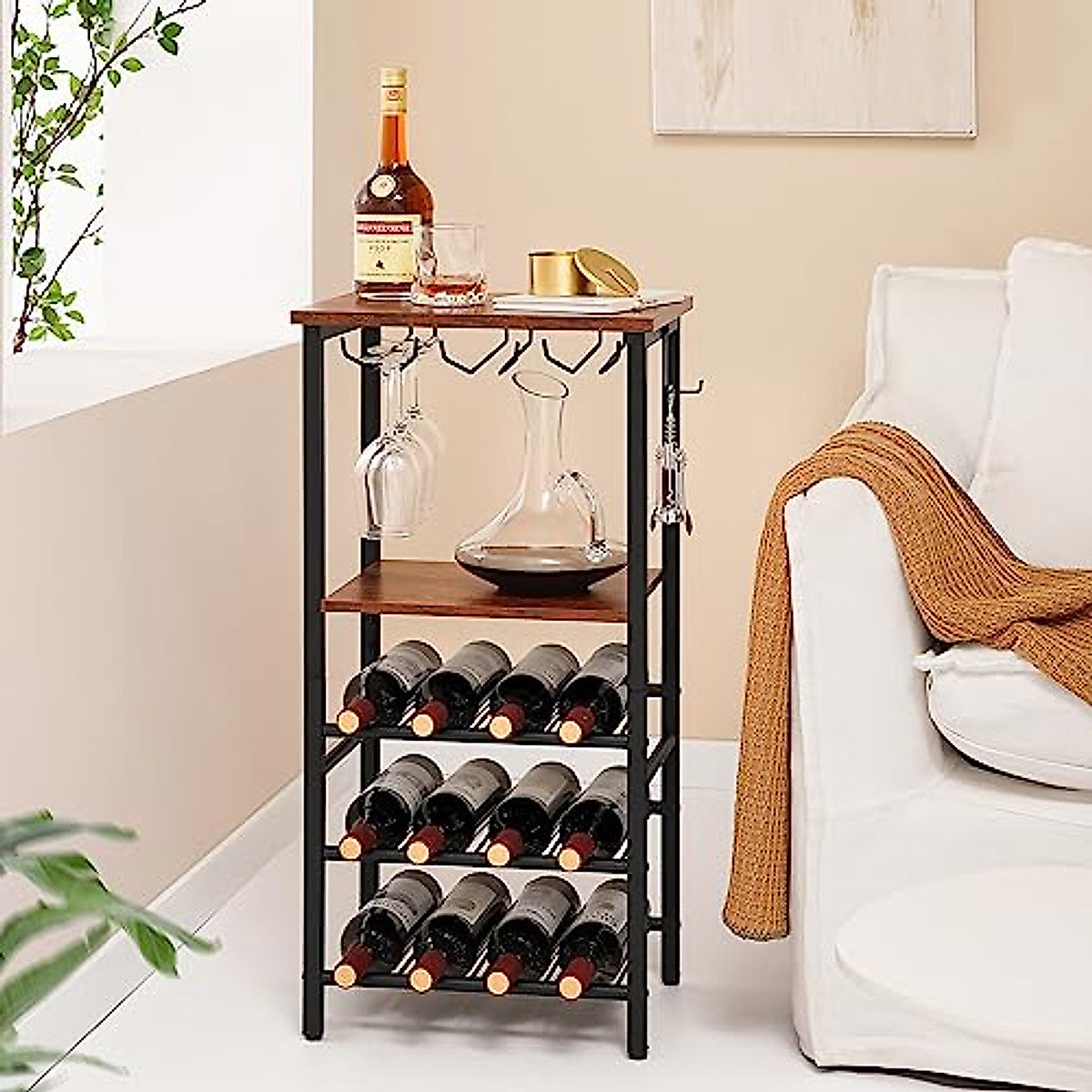 Yoobure Wine Rack Freestanding Floor with Glass Holder Wine Racks for Floor 12 Bottles Wine Bar Rack, Wine Holder Stand with Wood Tabletop 3-Tier Wine Table with Rack for Home Bar Kitchen Living Room