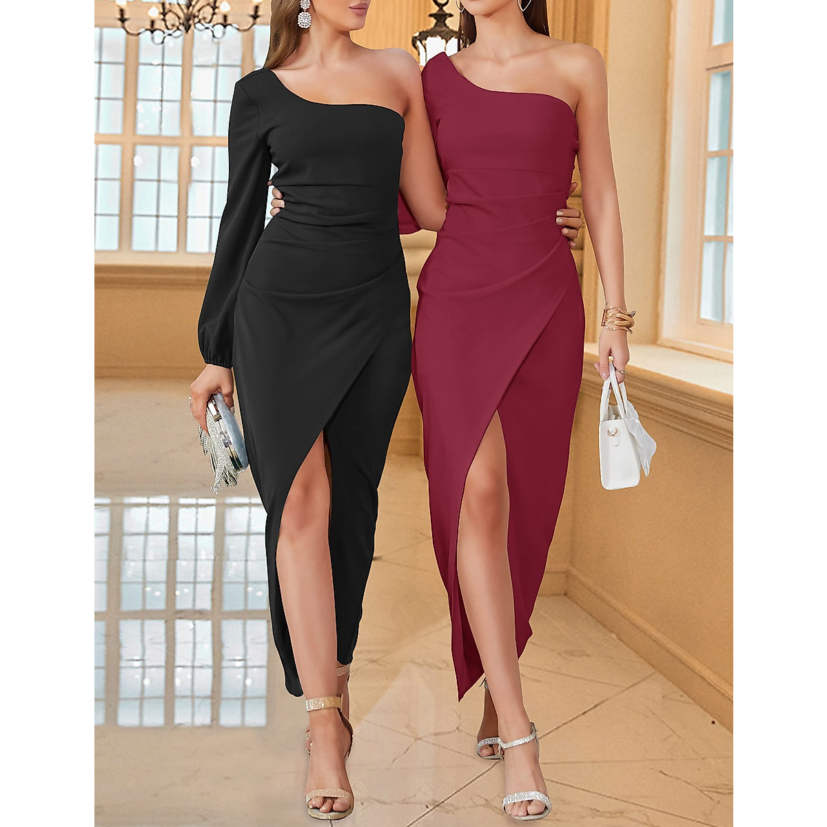 ZESICA Women's One Shoulder Long Sleeve Cocktail Dress Sexy High Slit Ruched Bodycon Wedding Guest Maxi Dresses,Black,X-Small