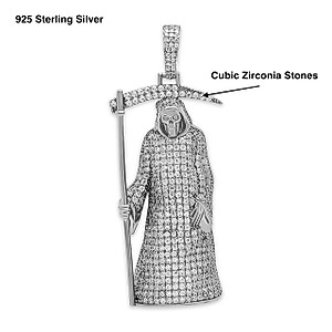 Charm America Silver Santa Muerte Pendant with Cubic Zirconia Stones - 925 Sterling Silver/Gold Plated - Grim Reaper - Hiphop Jewelry (Rhodium Plated over Silver)