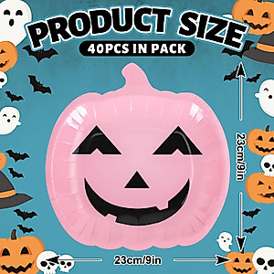 Whaline 40Pcs Halloween Paper Plates Pink Pumpkin Shaped Disposable Plates Cute Grimace Pumpkin Pattern Decorative Plates for Halloween Holiday Birthday Party Baby Shower Dinner Tableware Supplies