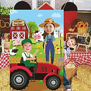 Haooryx Farm Animals Photo Door Banner Large Satin Fabric Photo Booth Props Backdrop Face in Hole Background Banner Decor Barnyard Animals Theme Birthday Party Decorations Supplies Party Game for Kids