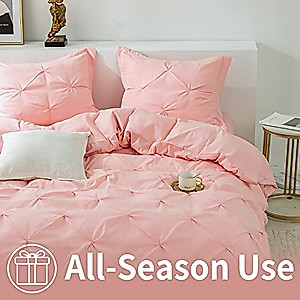 3 Pieces Bedding Duvet Cover Set, Pinch Pleated Queen Duvet Cover, Pintuck Comforter Quilt Cover with 2 Pillow Shams-Queen-90 X 90 inches-Pink