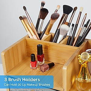 Makeup Organizer Countertop, Cosmetic Skincare Organizers With 3 Makeup Brush Holders/3 Drawers/7 Storage Shelves, Elegant Bamboo Make Up Storage Organizers Holder For Counter Vanity Dresser Bathroom