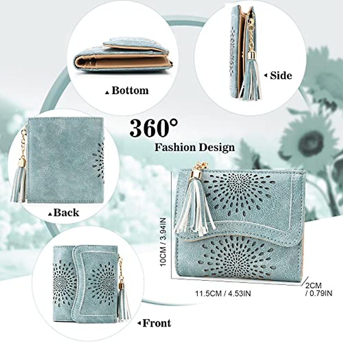 APHISON Small Wallet for Women, Sunflower RFID Slim Womens Wallet Leather Cute Wallets Compact Bifold Teen Girls Zipper Tassel Coin Purse ID Card Holder Blue