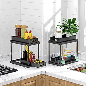Under Sink Organizer and Storage, 2 Tier Under Sink Organizer with Sliding Pull Out Drawer for Kitchen Bathroom Cabinet Shelf Basket with 8 Hooks (2 Pack)