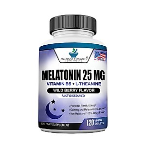 Melatonin 25mg Per One Tablet, 120 Chewable Tablet with L-Theanine & Vitamin B-6, Supports Healthy Sleep Cycle , Promotes Calming & Restful Sleep, Vegan, NON GMO, Made In USA