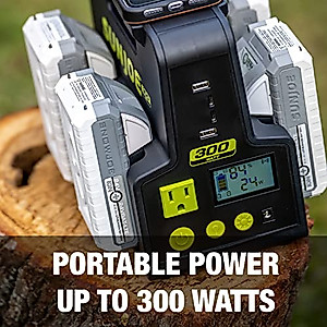 Sun Joe 24V-300WI 24-Volt iON+ Cordless Hot-Swap Powered Inverter Generator Power Station W/AC Adapter, 2.7-Amp AC Receptacle, 2X USB Type A &C, 3 Watt LED Spotlight