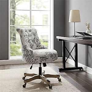 Linon Sinclair Wood Base Adjustable Rolling Office Chair in Floral Gray Fabric