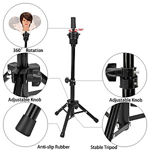 Mini Mannequin Head Stand Holder, Max Length 24 inch, Foldable Metal Adjustable Wig Tripod Stand, Hairdressing Manikin for Salon Hair Cosmetology Teaching Training Hair Extensions