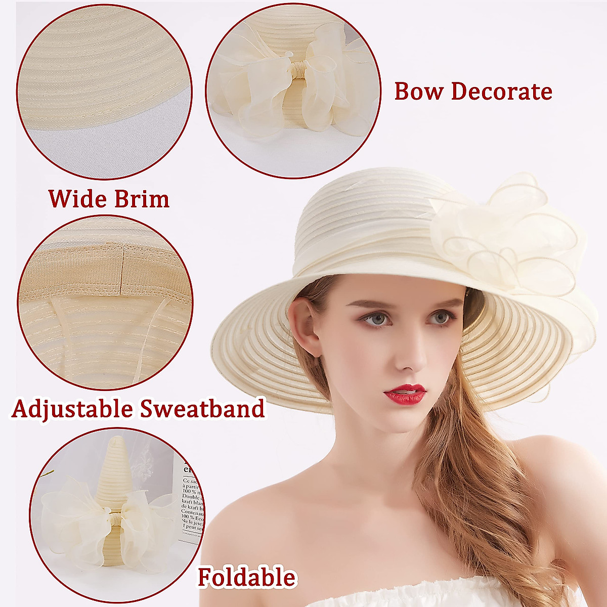 Bellady Women Organza Hat Derby Fascinator, Lady Tea Party Wedding Bridal Hat, UV Protection Wide Brim Sun Hats, Beige