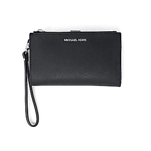 Michael Kors Jet Set Travel Double Zip Saffiano Leather Wristlet Wallet (Black Saffiano/Silver Hardware)