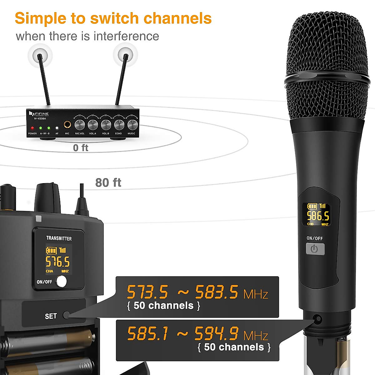 FIFINE Wireless Microphone System, 50 Channels, 3.5mm Jack, Auxiliary