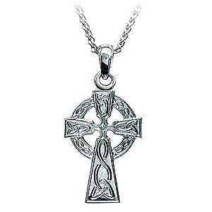 Biddy Murphy Celtic Cross Necklace for Women, 925 Sterling Silver, Small Traditional Irish Crucifix Pendant 1/2" Wide x 3/4" Tall with Rolo Chain, Made in Ireland