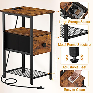 Snughome Nightstand Set of 2, End Table with Charging Station, Side Table with Drawer, 3 Tier Night Stand with USB Ports and Outlet, Beside Table for Bedroom