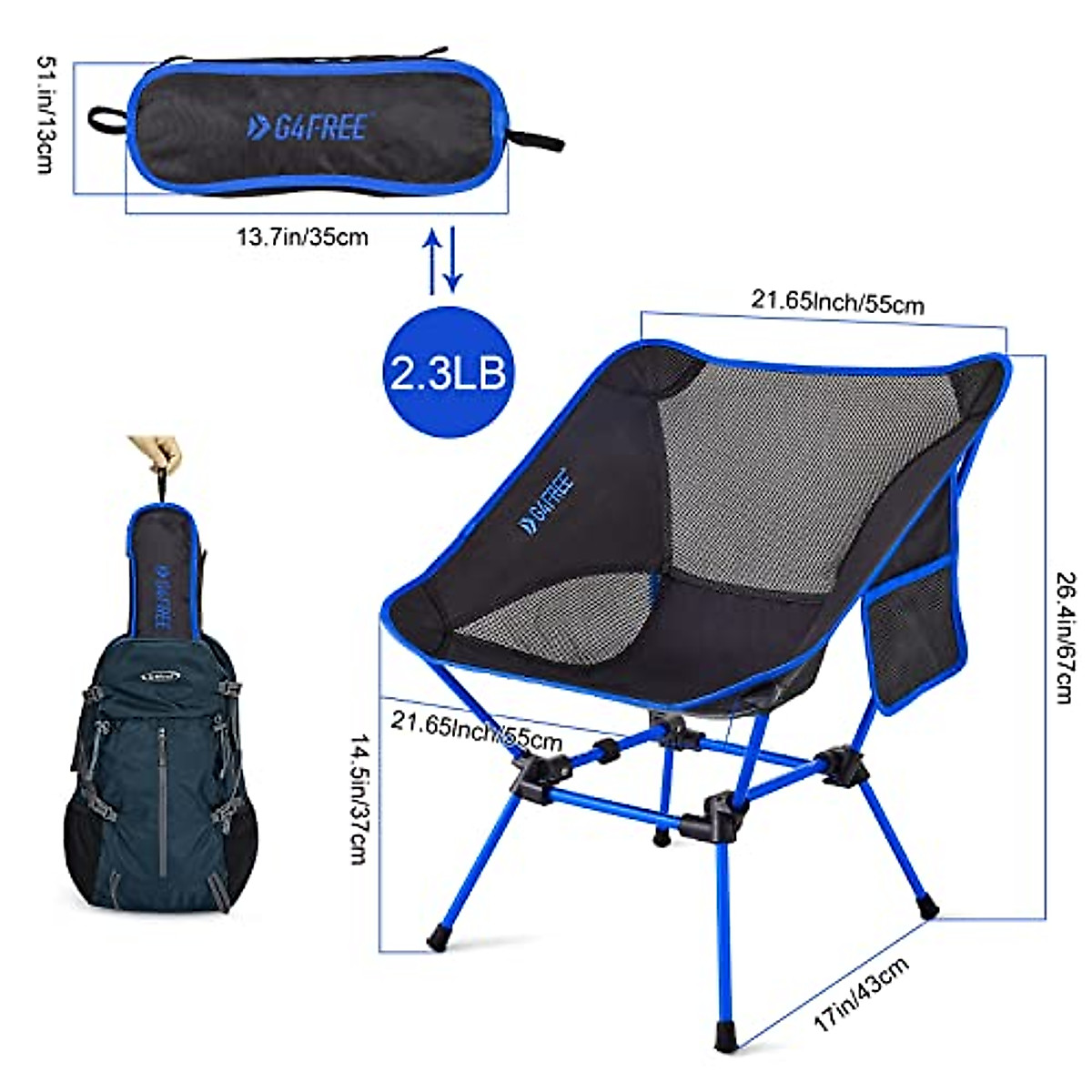 G4Free 2Pcs Folding Camping Chairs, Ultralight Compact Backpacking Folding Chairs Lawn Chairs Heavy Duty 330lbs with Side Pockets Packable for Outdoor Camp Travel Beach Picnic Travel Hiking Orange