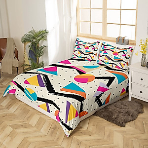 80s 90S Fashion Style Bedding Set Queen Size,Retro Memphis Style Pattern with Geometrical Shapes Duvet Cover for Kids Child,Funky Hipster Old Fashioned Comforter Cover Geometric Bedroom Decor