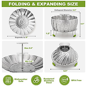 Pavsrmy Steamer Basket, 3rd Generation Stainless Steel Vegetable Steamer with Extendable Handle for Cooking Food, Folding & Expandable Veggie Steamer Insert, Fit Various Size Instant Pot (5.5" to 9")