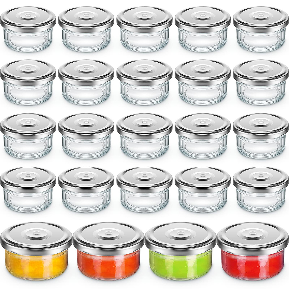 Sabary 24 Pcs 2.5 oz Salad Dressing Container Reusable Glass Condiment Containers with Lids Glass Food Storage Containers Small Glass Jars Sauce Containers for Lunch Box Picnic Travel, Silver Lids