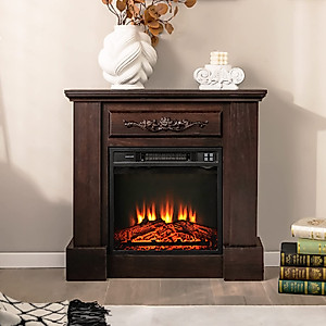 Tangkula 32’’Electric Fireplace with Mantle, Freestanding Fireplace Heater w/ 3D Realistic & Adjustable Flame, Remote Control, Overheat Protection, 1400 W Wooden Fireplace Mantel for Home (Brown)