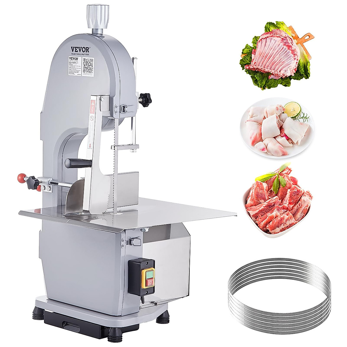 Commercial Electric Meat Bandsaw, 1100W Stainless Steel Countertop Bone Sawing Machine, Workbeach 19.3" x 15", 0.16-7.9 Inch Cutting Thickness, Frozen Meat Cutter with 6 Blades for Rib Pork Beef