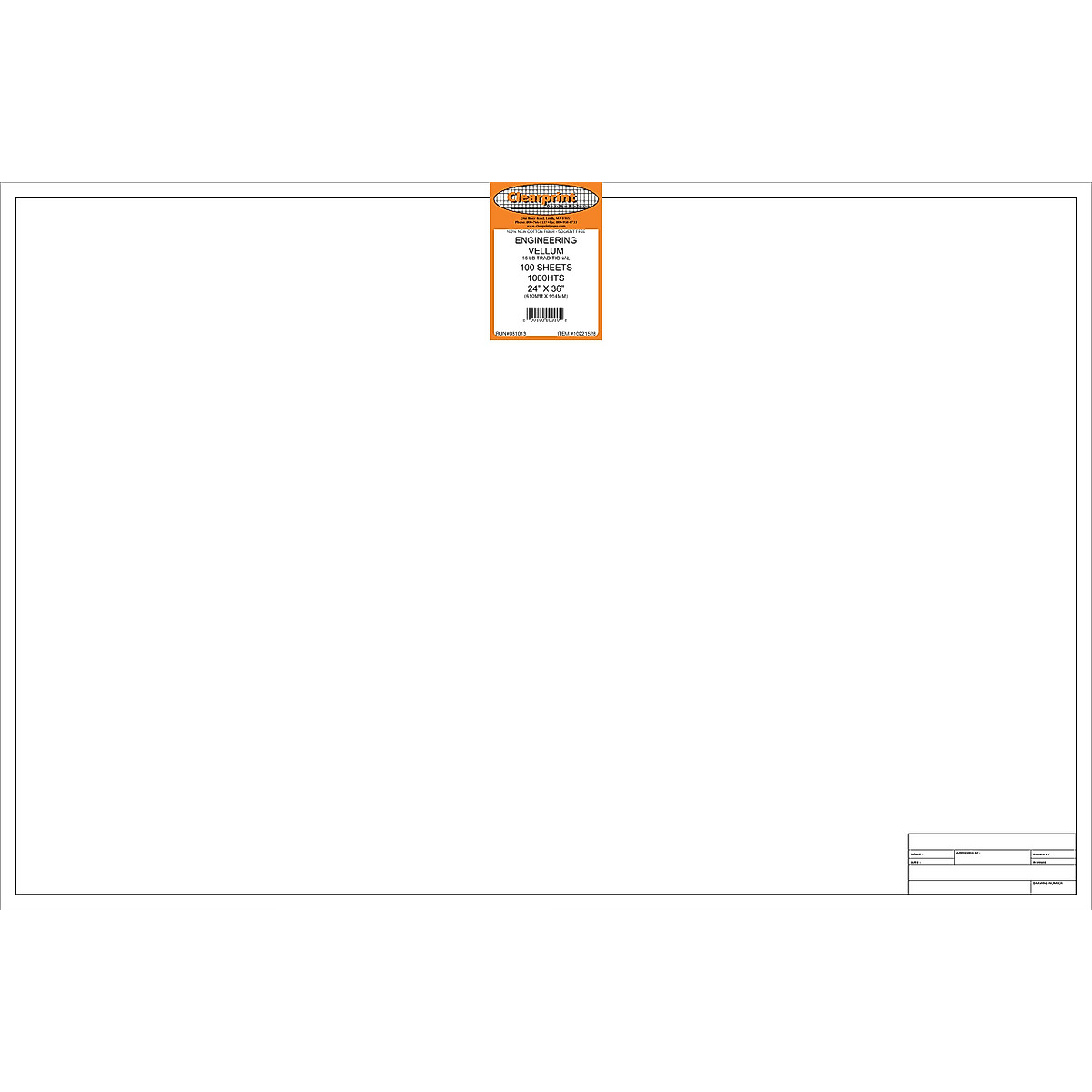 Clearprint 24" x 36" 1000H Design Vellum Sheets with Engineer Title Block, 16 lb., 100% Cotton, 100 Sheets Per Pack, 1 Each