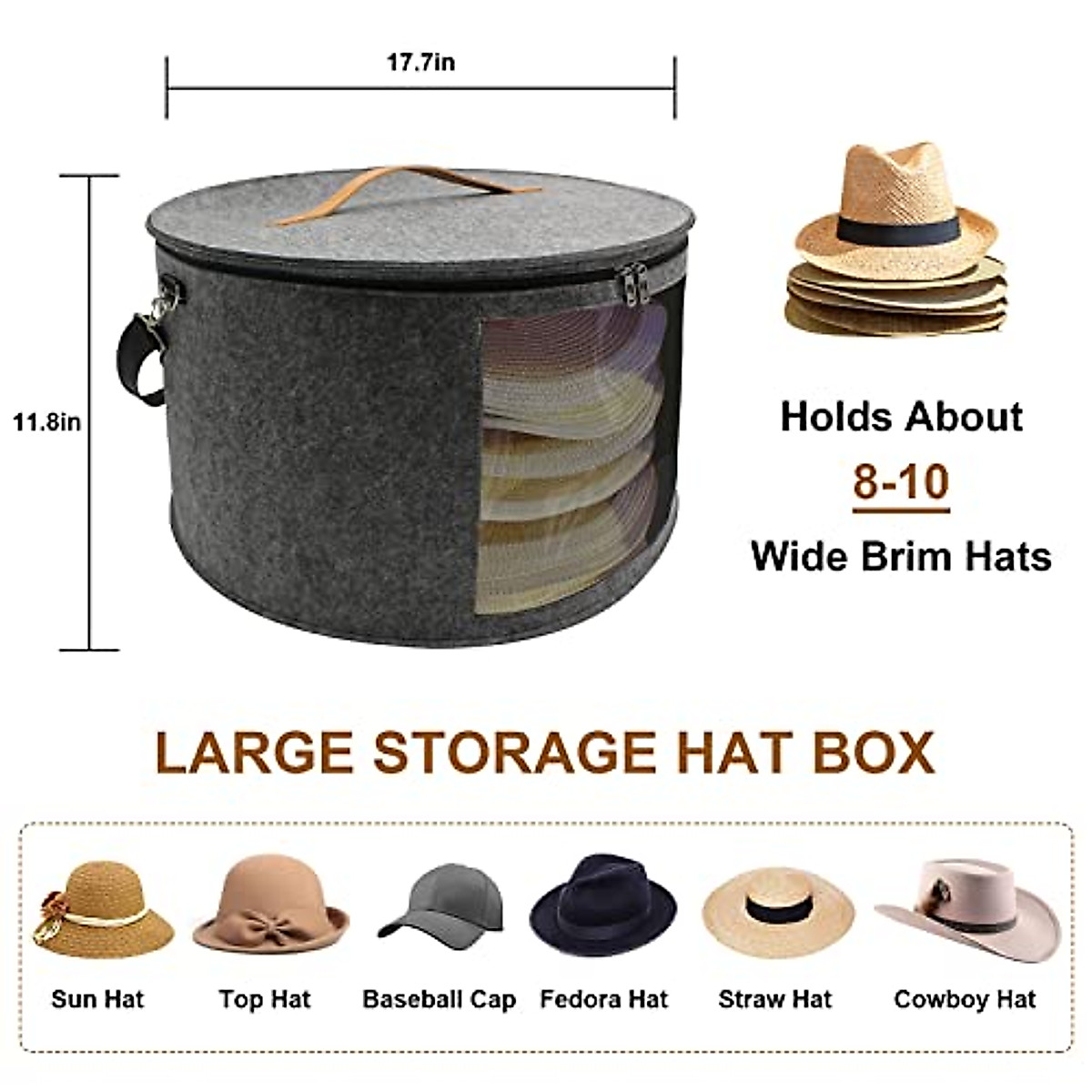 Large Hat Storage Box with Lids, Foldable Felt Round Hat Storage Box with Handle Travel Case Clothes Storage Bin for Women&Men, Cowboy Hat Organizer Stuffed Animal Toy Clothes, Grey 17.7" x 11.8"