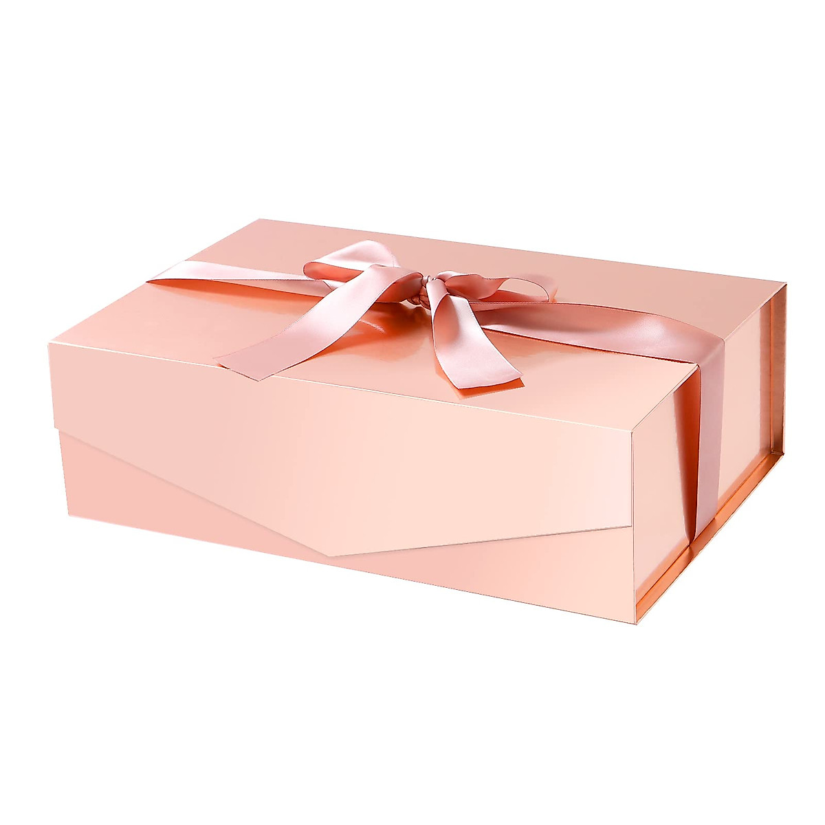 ROSEGLD Large Gift Box with Ribbon 13.5x9x4.1 Inches, Collapsible Gift Box with Lid, Bridesmaid Proposal Box, Magnetic Gift Box for Presents (Glossy Rose Gold)