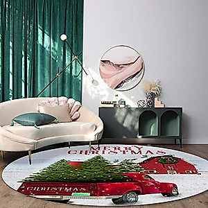 Round Area Rugs 4ft, Red Retro Truck and Christmas Tree Indoor Throw Runner Circle Rug Entryway Doormat Floor Carpet Pad Yoga Mat for Bedroom Living Room Farm Wood Barn
