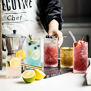 SoulTimes Glass Cups Vintage Glassware Set of 4, Drinking Glasses 12.5oz, Embossed Pattern Style Transparent Cocktail Glasses Set, for Ice Coffee,Juice,Beer,Bar Beverages,Drinkware, Transparent (L)