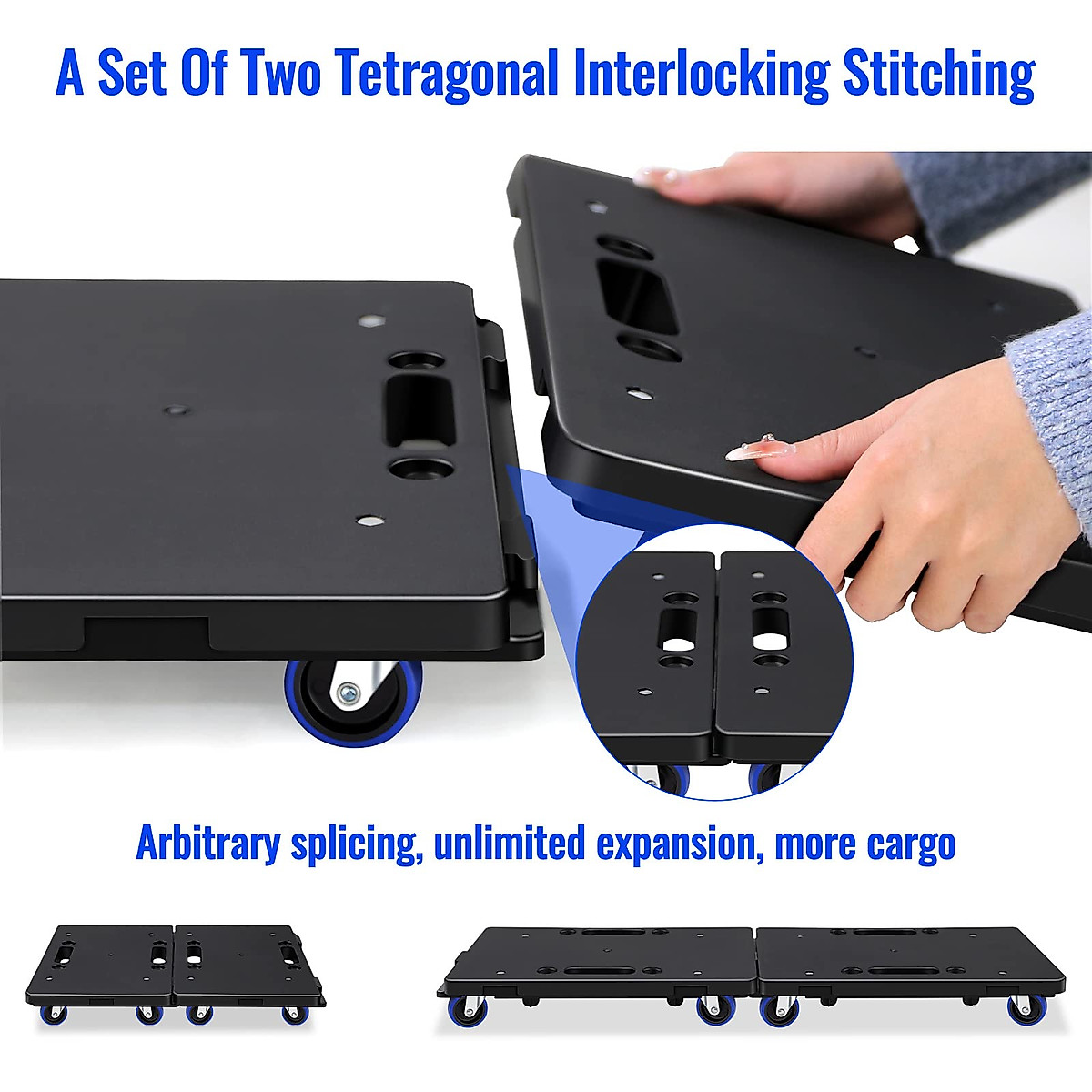 Uholan Flatbed Dolly Can Connected Two Pcs One Set Household Portable Mobile Dolly Infinite Rotary Flat Handtruck Mobile Furniture Load 220lb Black ，Blue Wheel (Blue wheel)