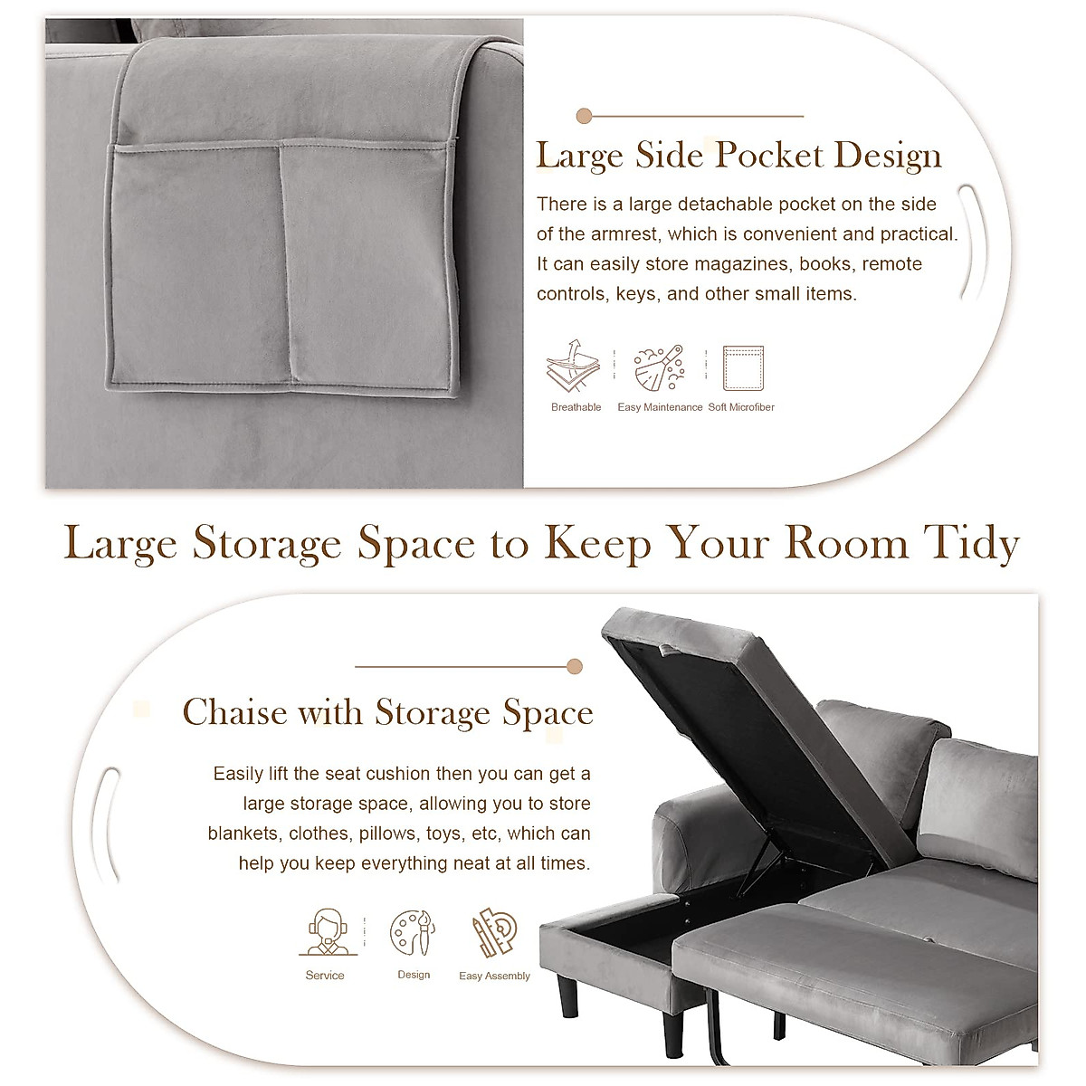 Modern Velvet Pull Out Sleeper Sofa Bed with Chaise, Comfy L Shaped Convertible Couch with Storage and Pocket, Sectional 3 Seat Couch for Living Room Furniture or Office, Smooth Back - Light Gray