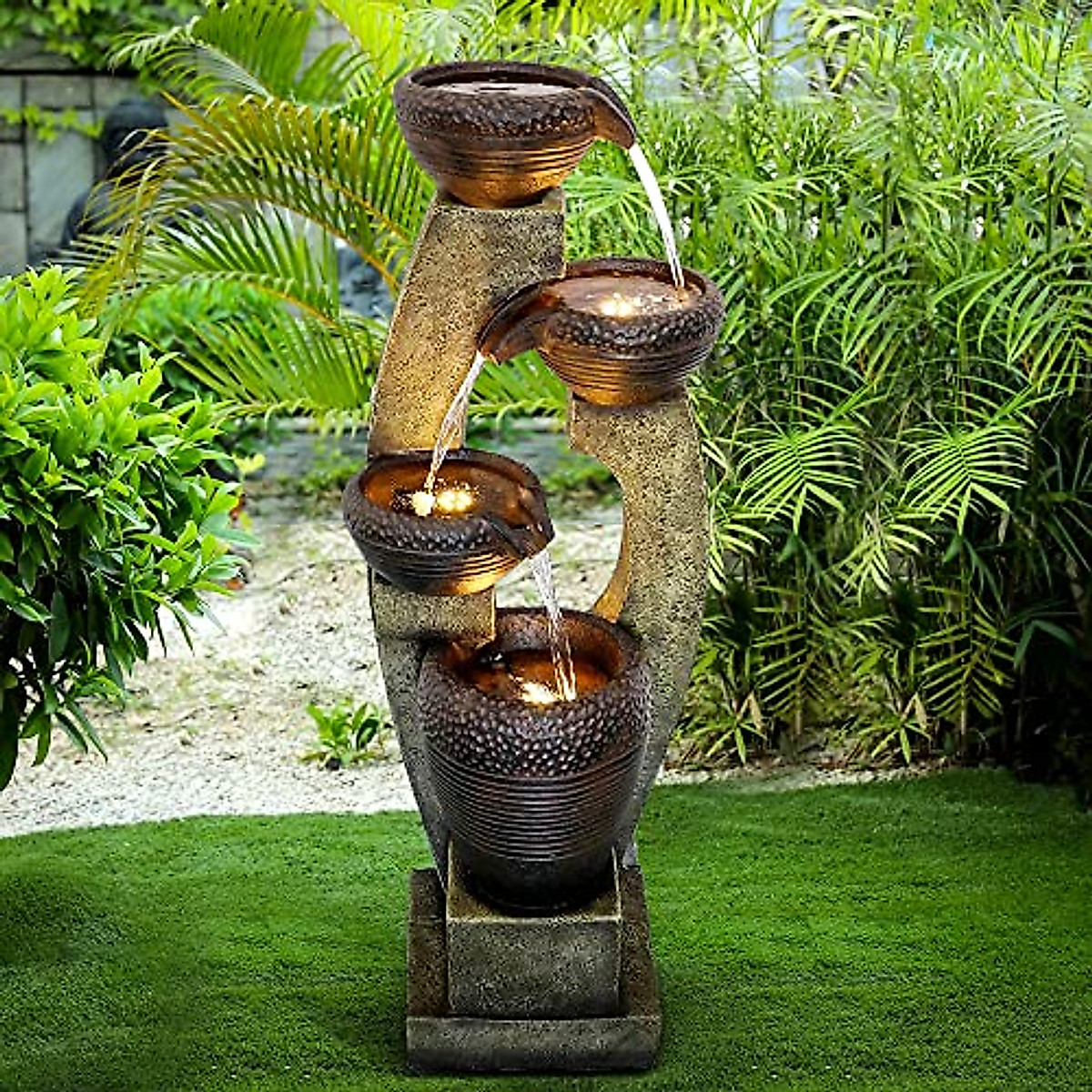 Naturefalls 40” H Modern Outdoor Fountain - 4 Crocks Outdoor Garden Fountains with Contemporary Design&LED Light for Garden, Patio, Deck, Porch, Backyard and Home Art Decor (40inches, Brown and Gray)
