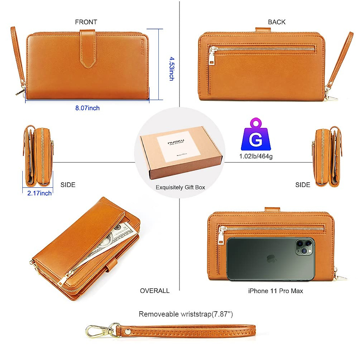 nuoku Wallet for Women RFID Blocking Credit Card Holder with Large Capacity Leather Wristlet (Brown)