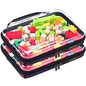 QAVABIN 2Pack Zippered Hard Pouch, Clear Hard Shell Plastic Bliss Storage Bins with Handle, Zipper, Manual Pocket, Large Zippered Hard Pouch Bag Case for Board Games, Building Blocks, Puzzles, Black