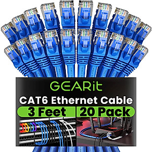 GearIT Cat 6 Ethernet Cable (20-Pack 3 Feet) Cat6 Network Patch, 10Gbps, RJ45, Snagless Cord, Gold-Plated Connectors, Internet for PC, TV, Tablet, Router, Printer, Servers, IT Data Center - Blue