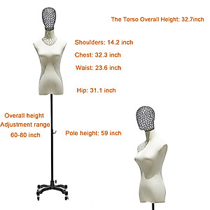 Female Dress Form Mannequin Torso Body, Adjustable Height Dress Form, Display Mannequin Body, Hollow Wire Head, with Movable Universal Wheel, for Clothing Dress Jewelry Display