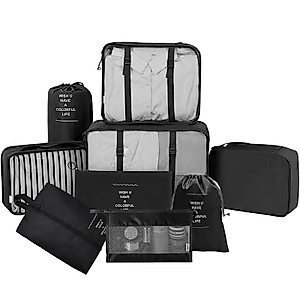 HOMLYNN 9Pcs Packing Cubes for Suitcase, Multifunction Waterproof Travel Organizer Storage Bags, Cosmetic Bag Packing Box, Shoe Bag, USB Cable Bag (Black)