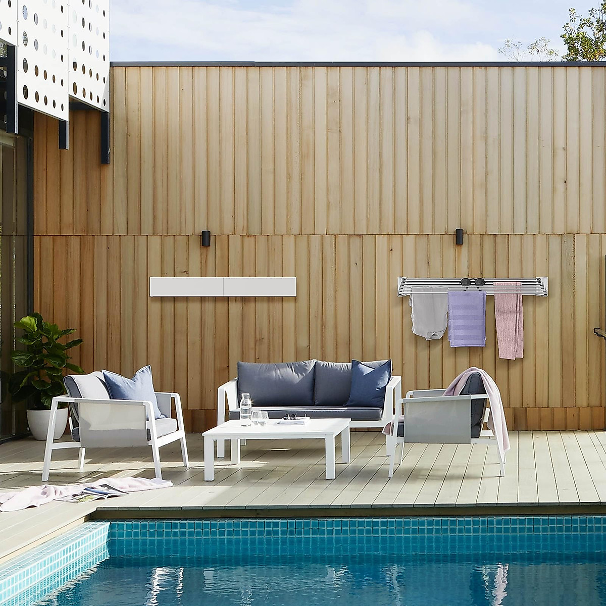 Rove Home Space Saving Wall Mounted Clothes Drying Rack | Retractable Wall Hanger Towel Holder | 5 Aluminum Rods, 40lb Capacity for Laundry Bathroom with Wall Template (32 Inches)