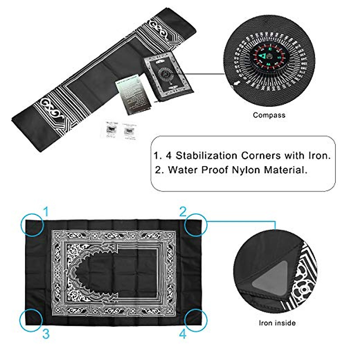 Hitopin 2 Pieces 60cm*100cm Travel Prayer Mat with Compass, Portable Polyester Prayer Rug, Islamic Waterproof Prayer Mat, for Ramadan Gifts, Islamic Prayer (Green, Black)