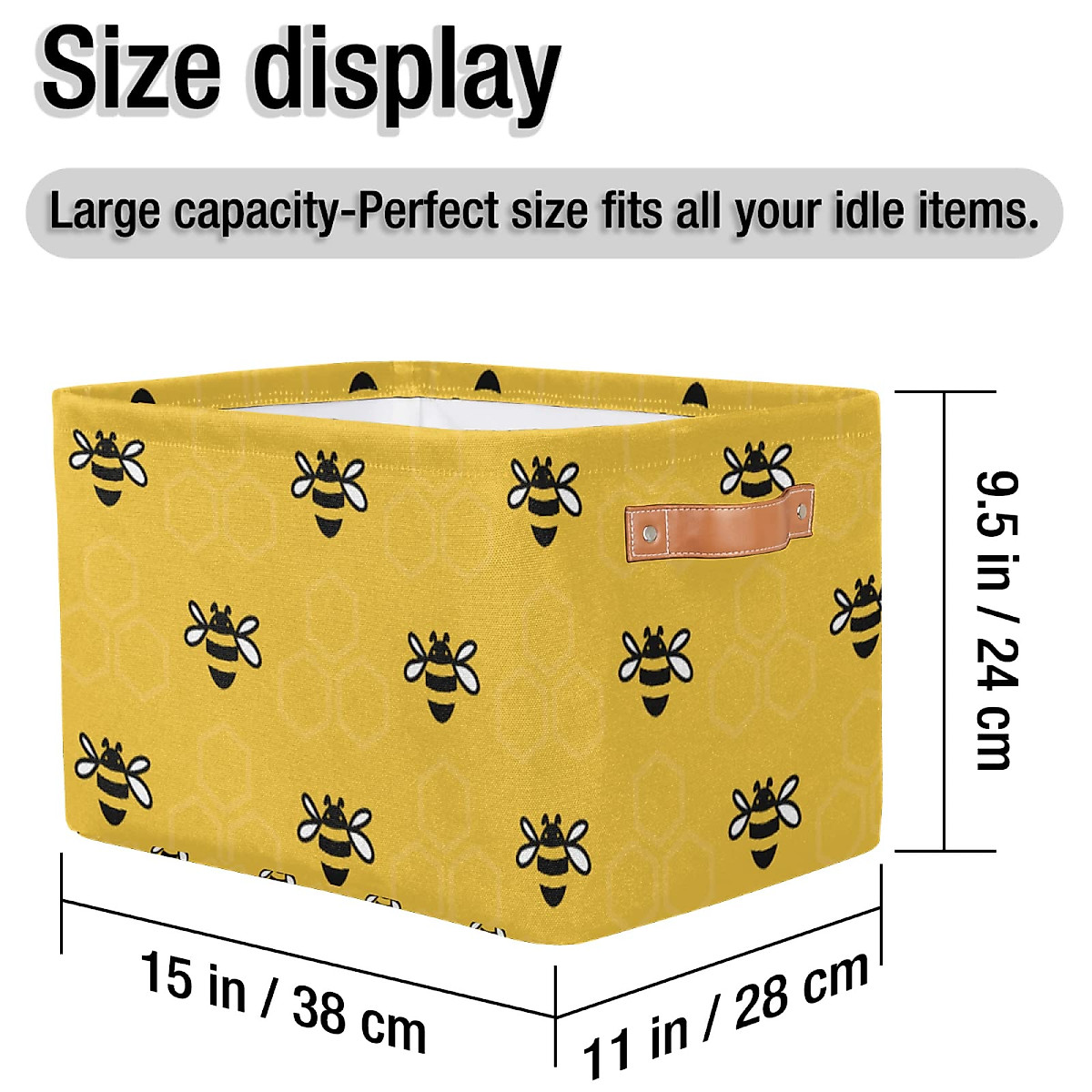 Storage Baskets with Handles, Bee Yellow Storage Cube Rectangular Fabric Collapsible Toy Storage Bin Organizer for Closet Shelf Laundry Nursery Kids Bedroom, 15x11x9.5 In,1 Pack