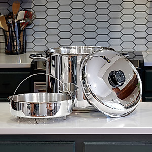 Maxam 30 Quart Stock Pot & Steamer Basket Set - Waterless Cooking & High Heat-Retention - Soup Pot w/Lid for Cooking & Serving