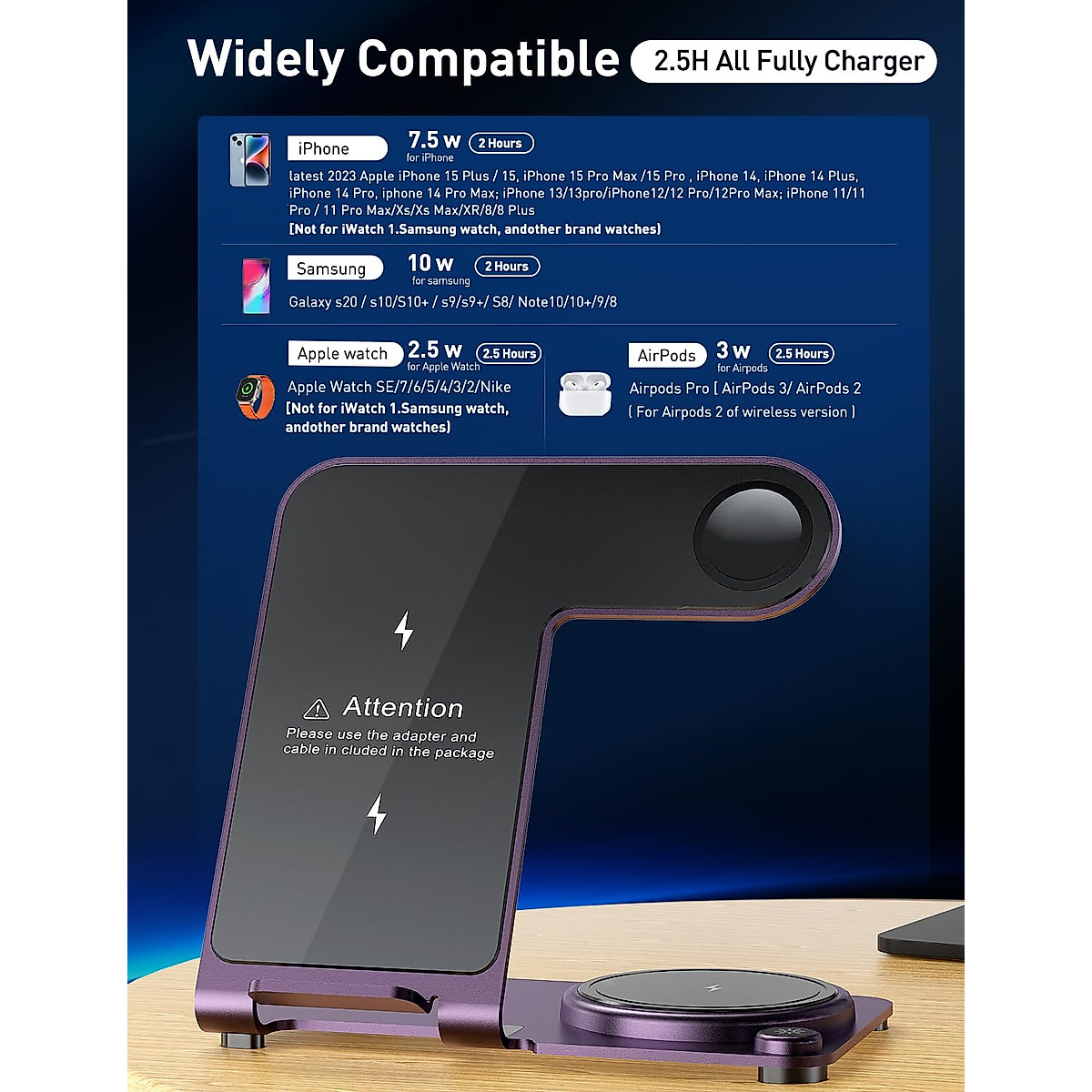 3 in 1 Charging Station Apple Purple - Mlfsaier 𝐀𝐥𝐮𝐦𝐢𝐧𝐮𝐦 𝐀𝐥𝐥𝐨𝐲 Multiple Fast Wireless Charger Stand for Apple Watch & Airpods iPhone 15 14 13 12 11 Pro X Max XS XR 8 7 Plus Nightstand