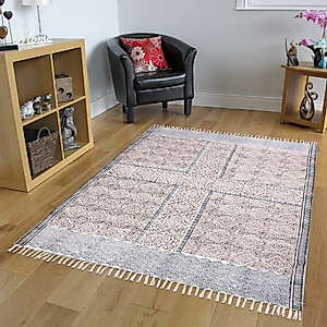 Casavani Hand Block Printed Hand Made Brown, Black Geometric Tassel Rug Cotton Easy Washable Rugs Floor Carpet for Doormat Entryway Living Room Bedroom Hallway Balcony 6x12 Feet Runner