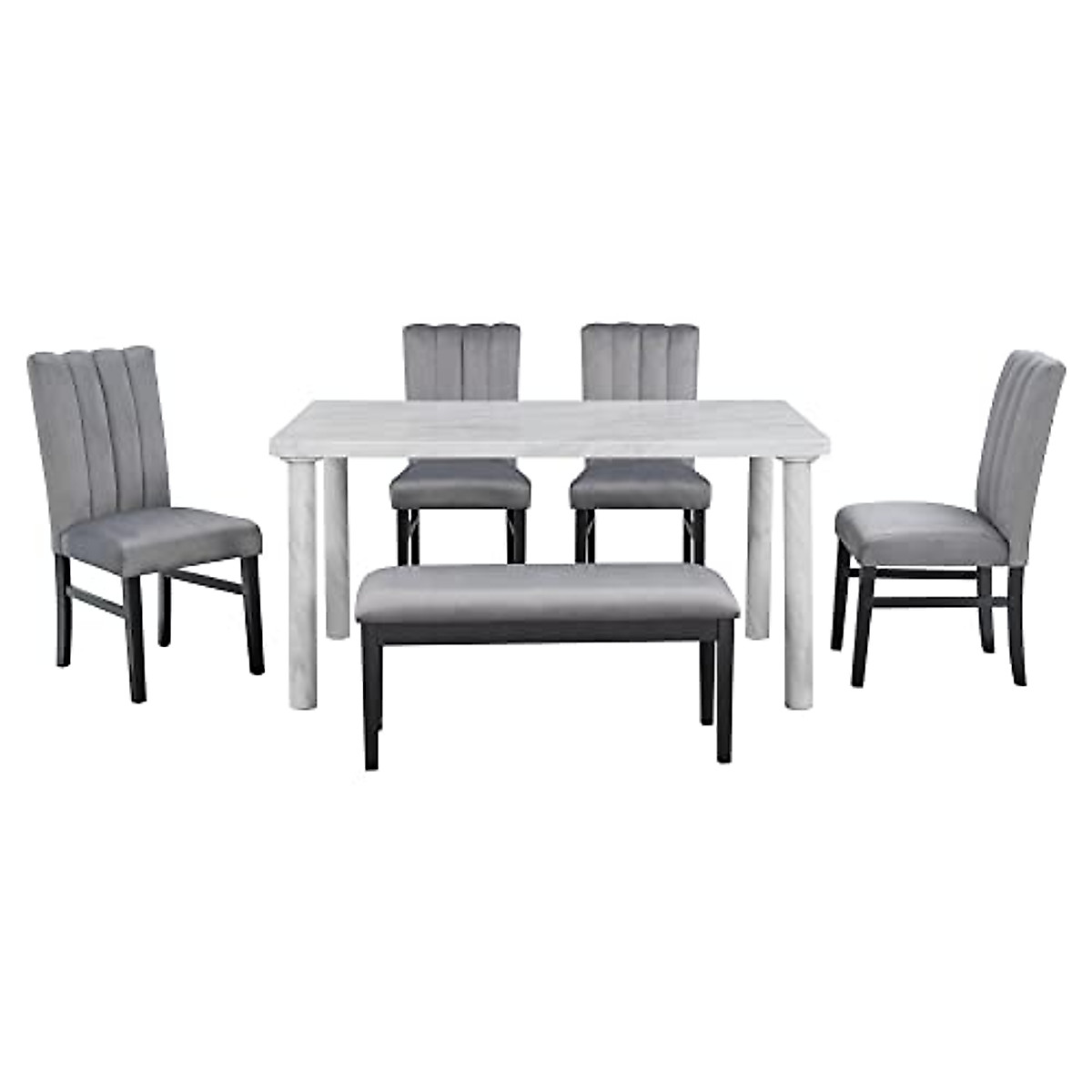 KoiHome 6-Piece Marble Veneer 4 Flannelette Upholstered Chairs & Bench with Cushion, East-West Furniture Dining Room Restaurant Table Set, Set of 6 (White+Gray)